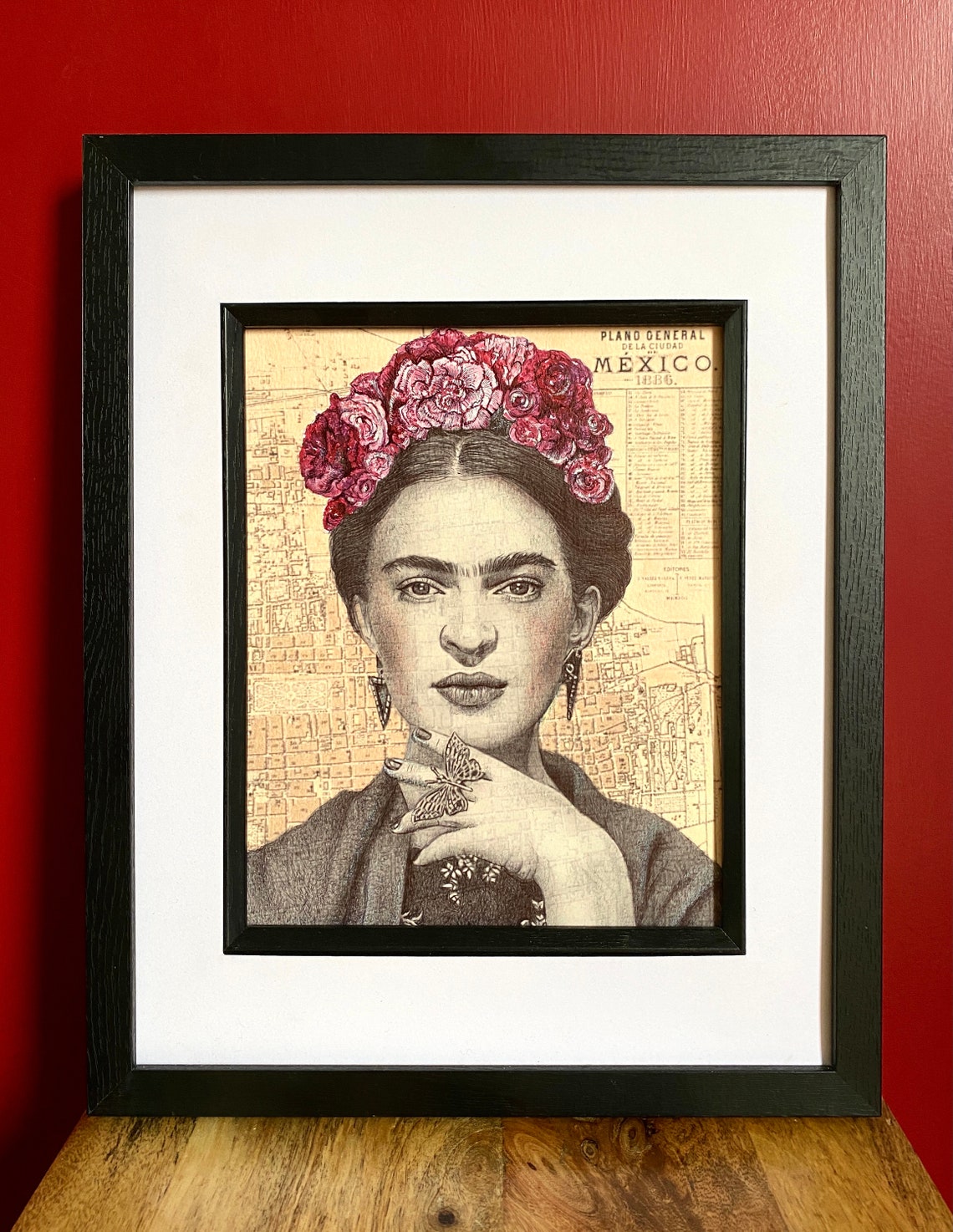 Frida Kahlo Portrait Art Print, Mexico Map Background (A4 Unframed ...