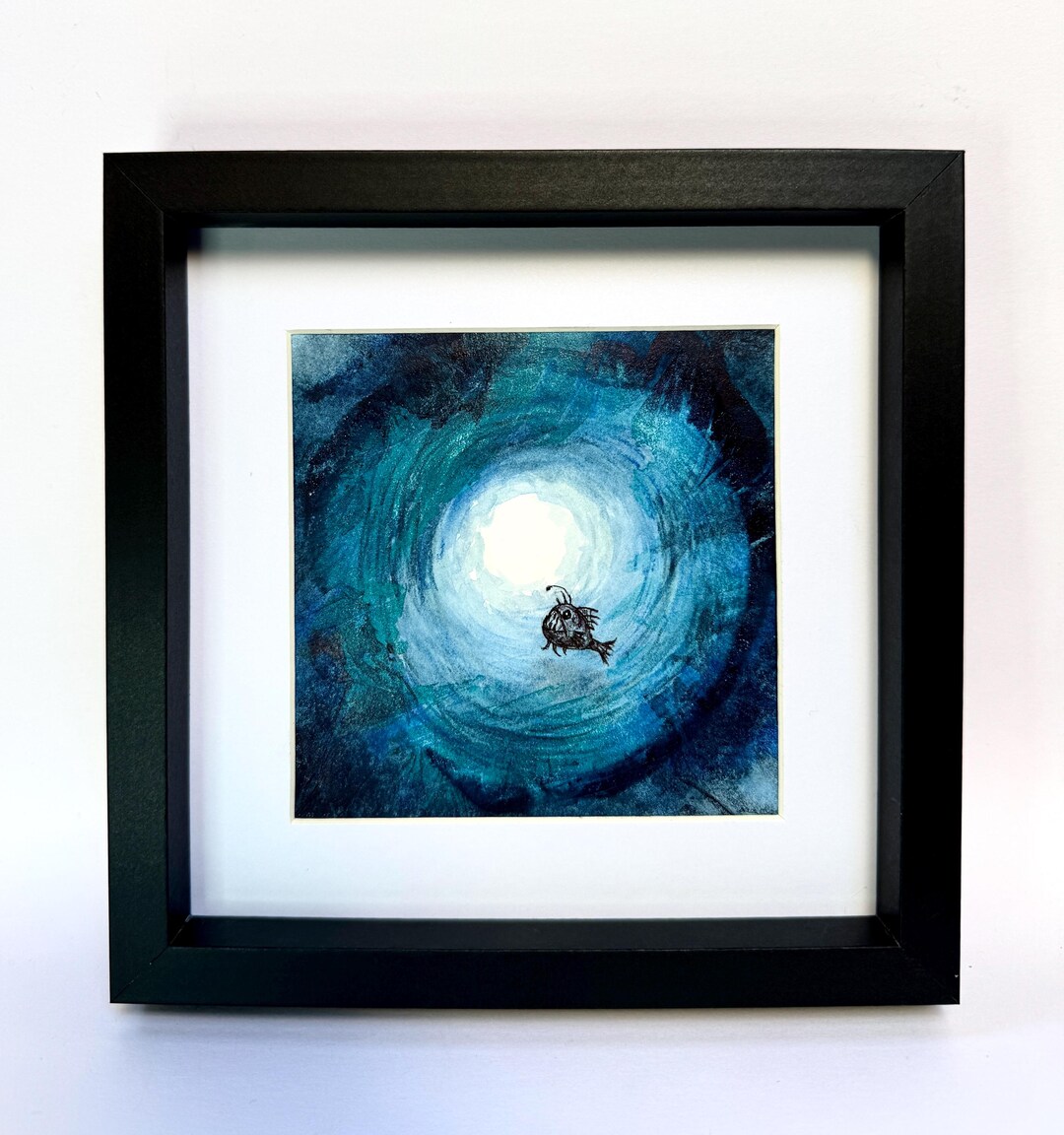 Angler Fish Original Art Blue Pen & Ink.signed and Framed 17x17cm - Etsy