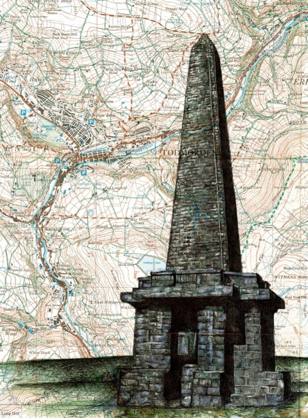 Stoodley Pike Monument Art Print. Pen Drawing Over Map of Todmorden ...