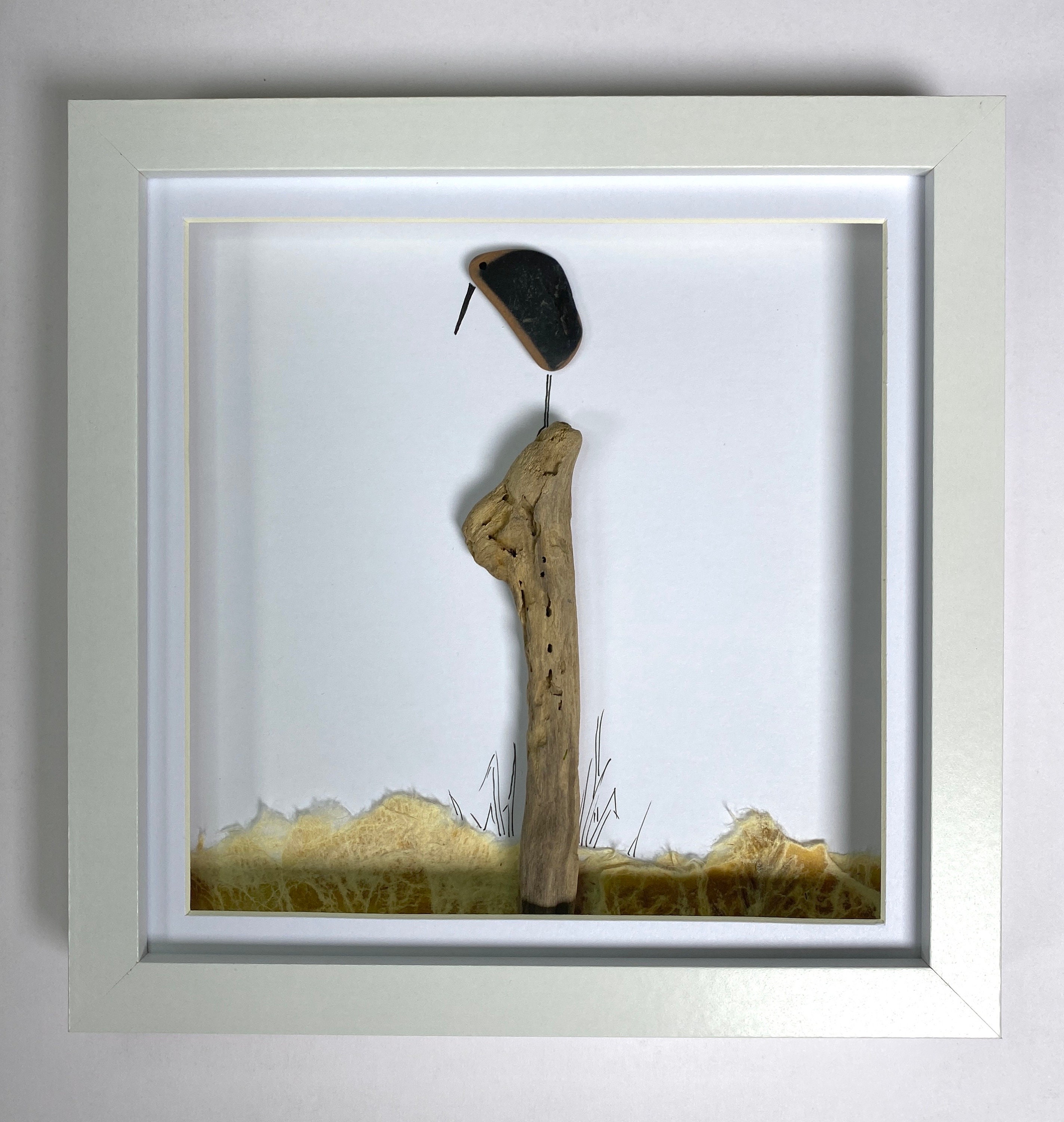 Driftwood and Pebble Art Bird on a Post 20x20cm Framed. Original and ...