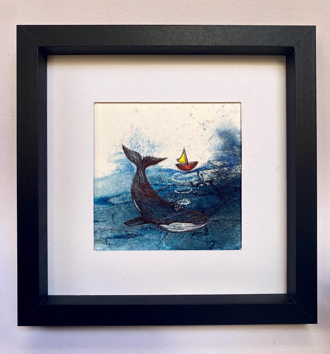 Whale and Boat Original Artwork Blue Acrylic Ink and Pen. Framed ...