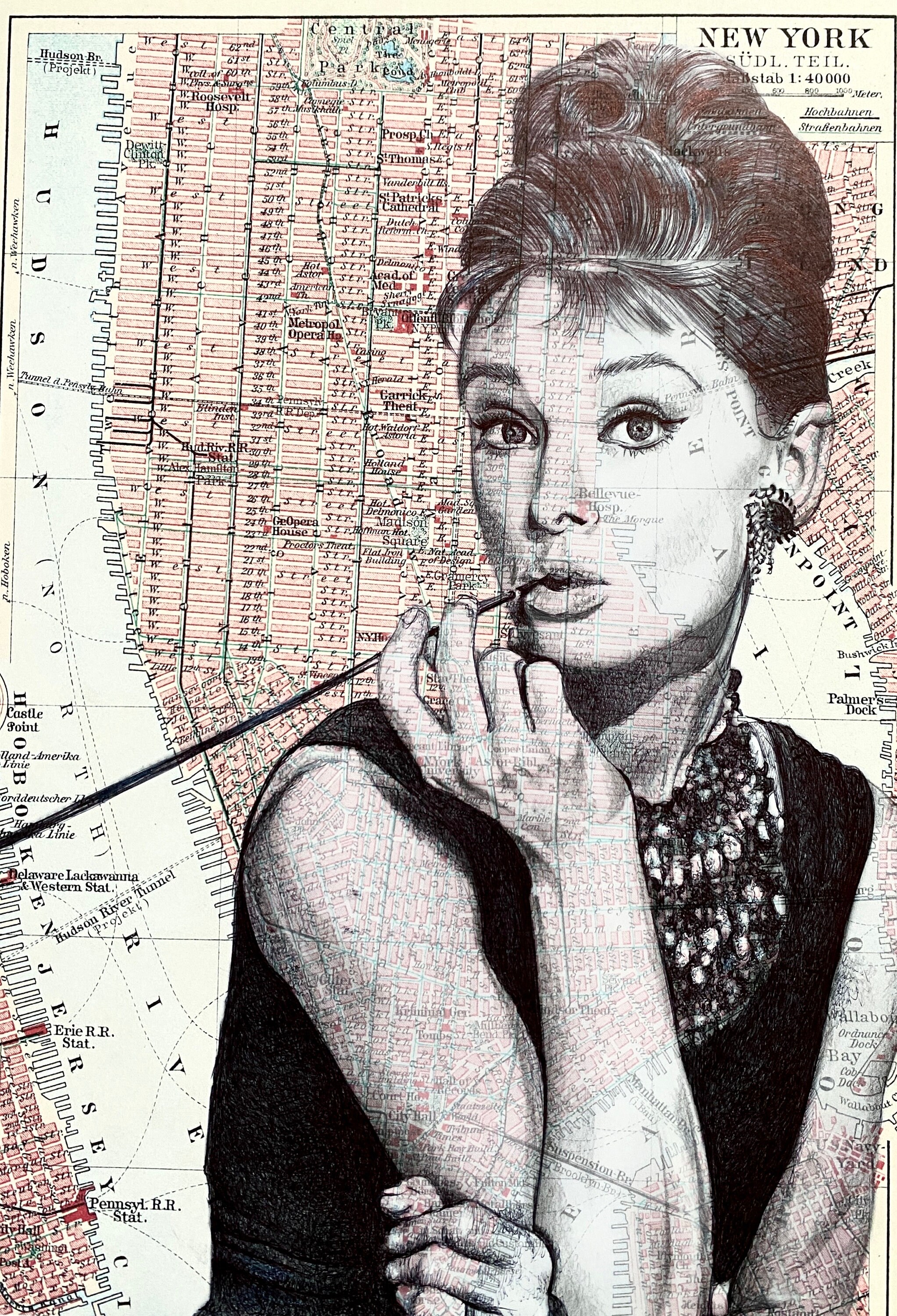 Audrey Hepburn Inspired Portrait Print. Pen Drawing Over Map of New ...