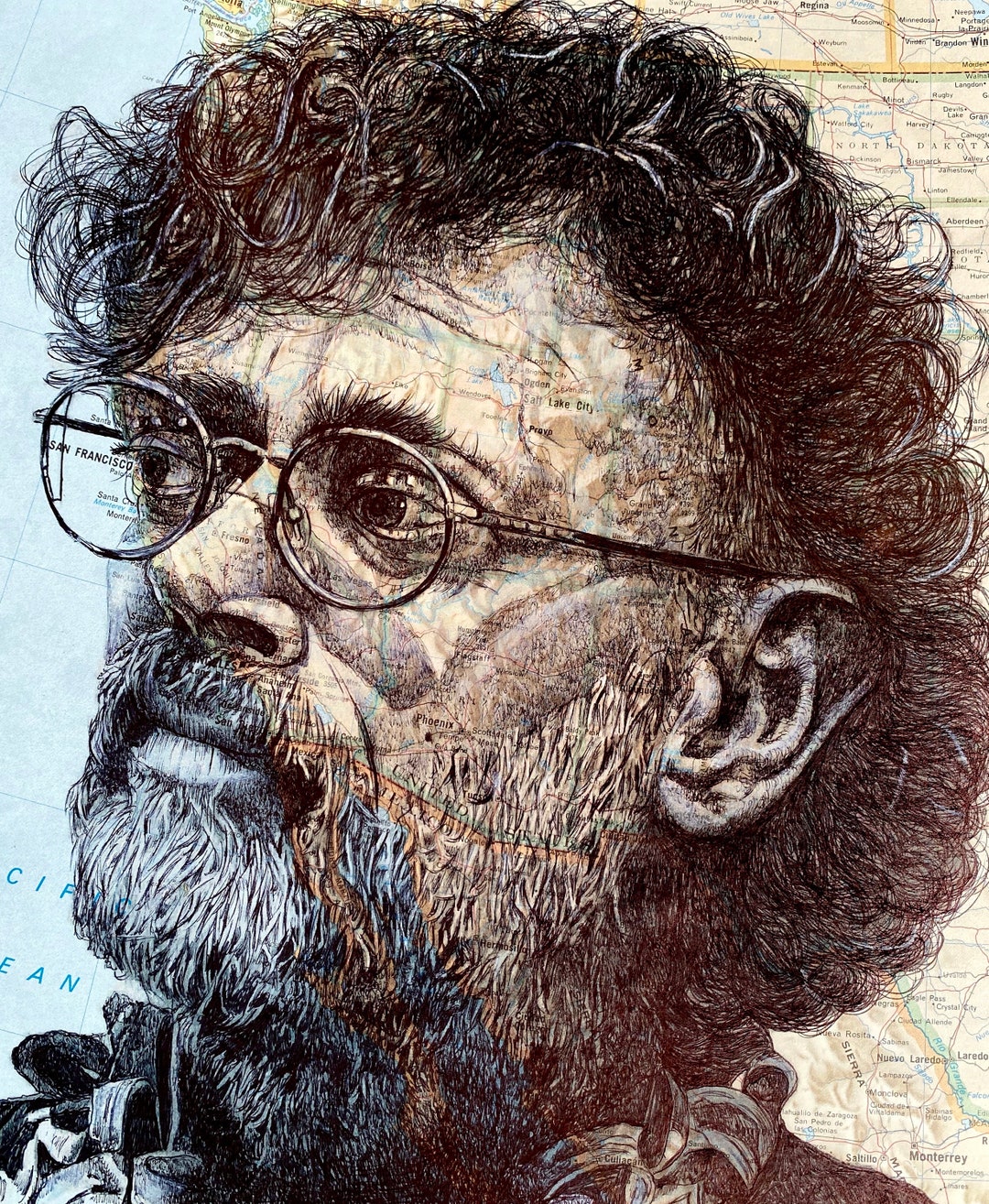Terence Mckenna Inspired Portrait Print. Pen Drawing Over Map of ...