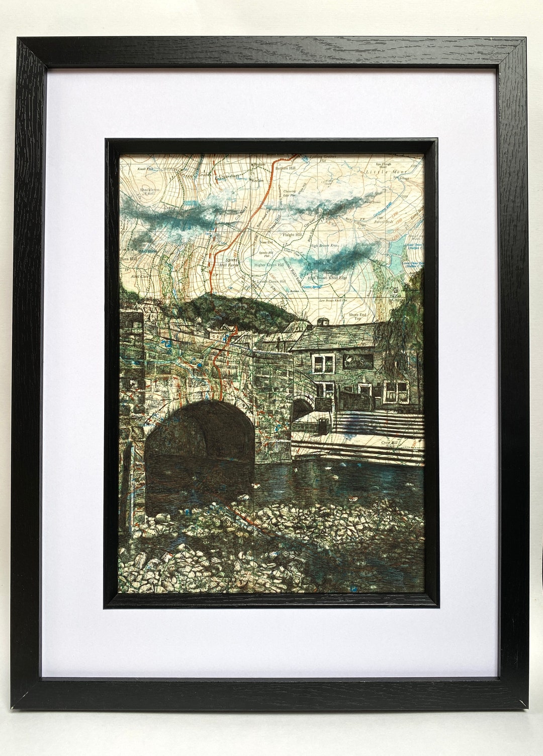 Hebden Bridge Packhorse Bridge Art Print. Pen Drawing Over Map. A4 ...