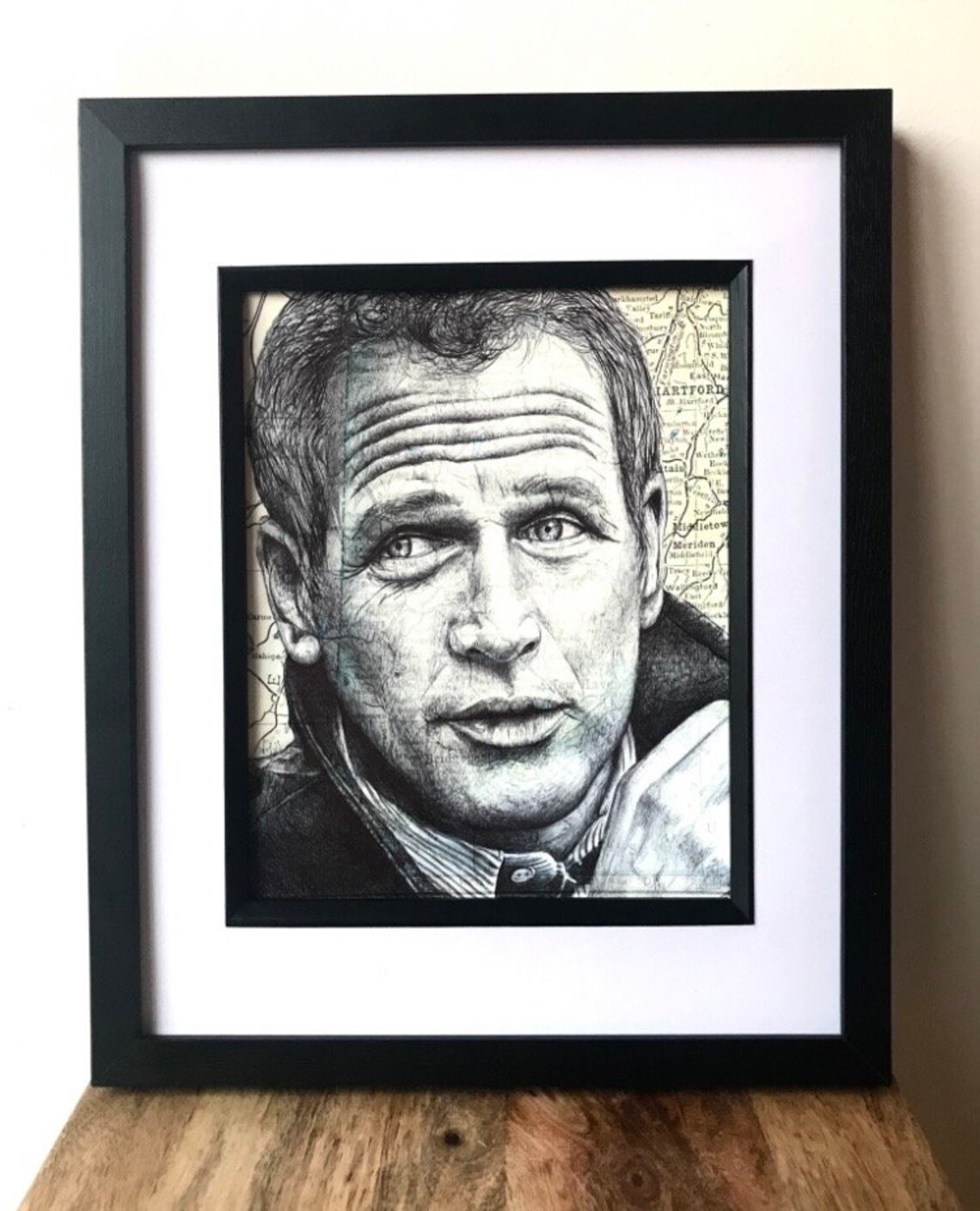 Paul Newman Inspired Portrait Print. Pen Drawing Over Map of ...
