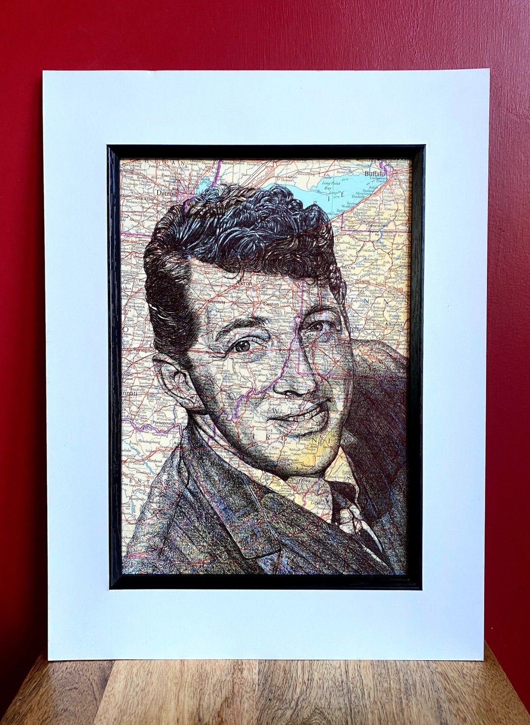 Dean Martin Inspired Portrait Print. Pen Drawing Over Map of Ohio . A4 ...