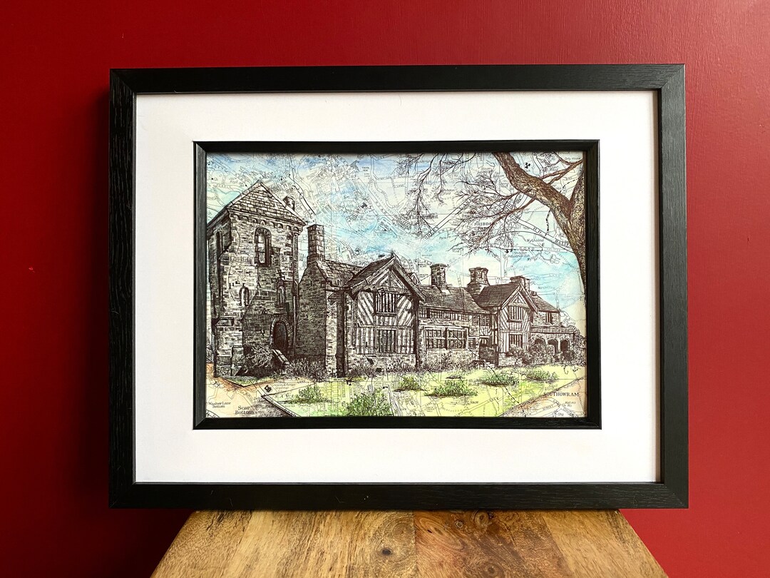 Shibden Hall Art Print. Pen Drawing Over Map of Halifax, West Yorkshire ...