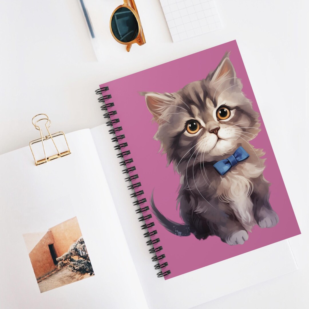 Spiral Notebook - Cute Cat With Blue Bowtie and Pink Background, Cat ...