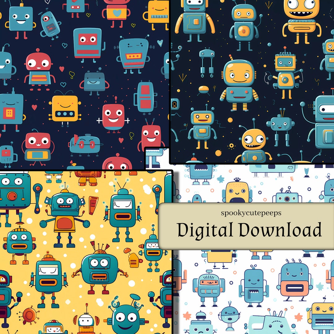 Adorable Robots: 4-pack Seamless Digital Papers, Printable, Ideal for ...