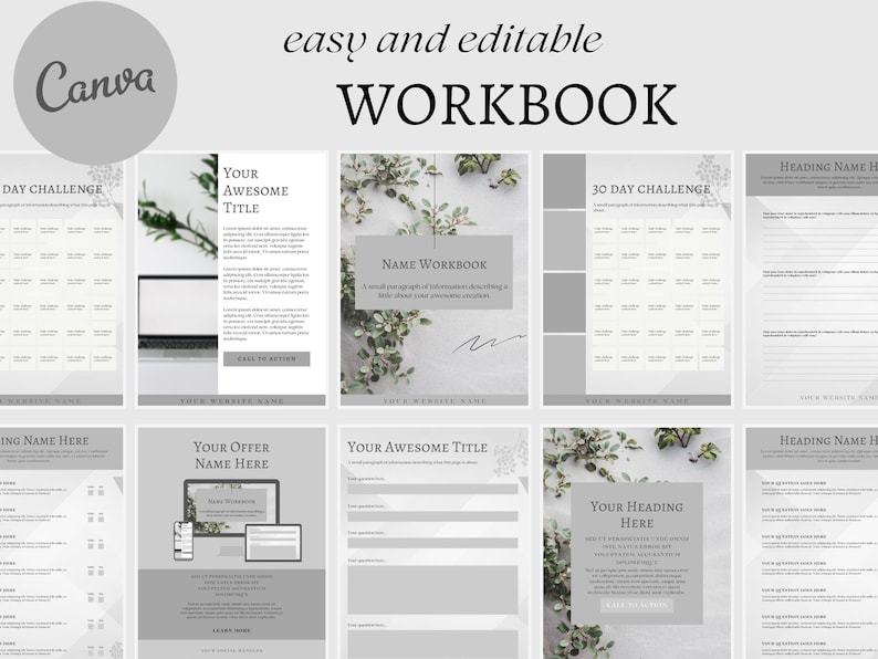 Editable Course / Canva Grey Workbook/ Editable Workbook Template/ Grey ...