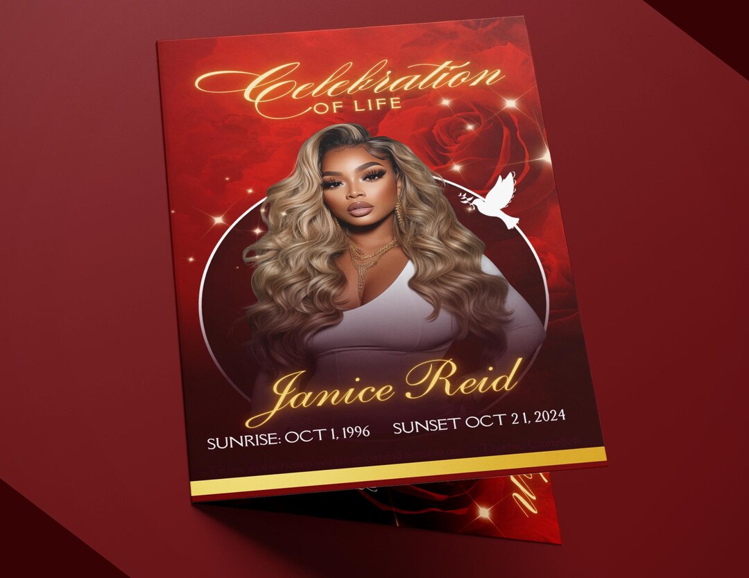 8.5x11 Red Rose Funeral Program Template (8 Pages) | Bifold Funeral Program Template| Obituary ...