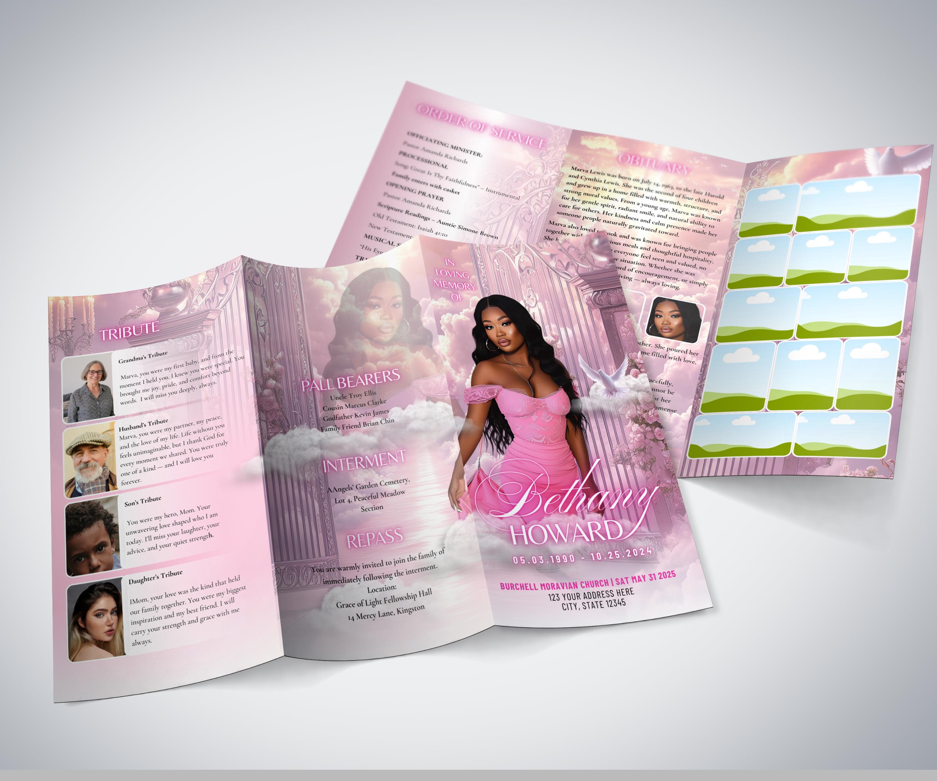 17x11 Pink Trifold Funeral Program Template | Trifold Funeral Program ...