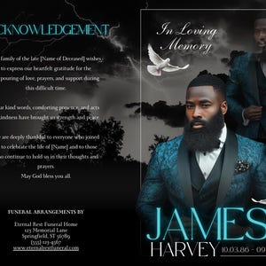 8.5x11 Black and Teal Sky Funeral Program Template for Men (8 Pages ...