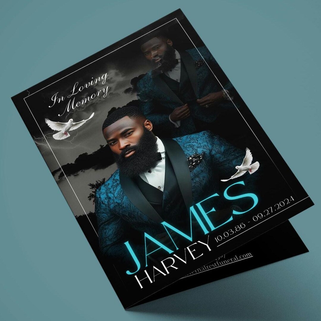 8.5x11 Black and Teal Sky Funeral Program Template for Men (8 Pages ...