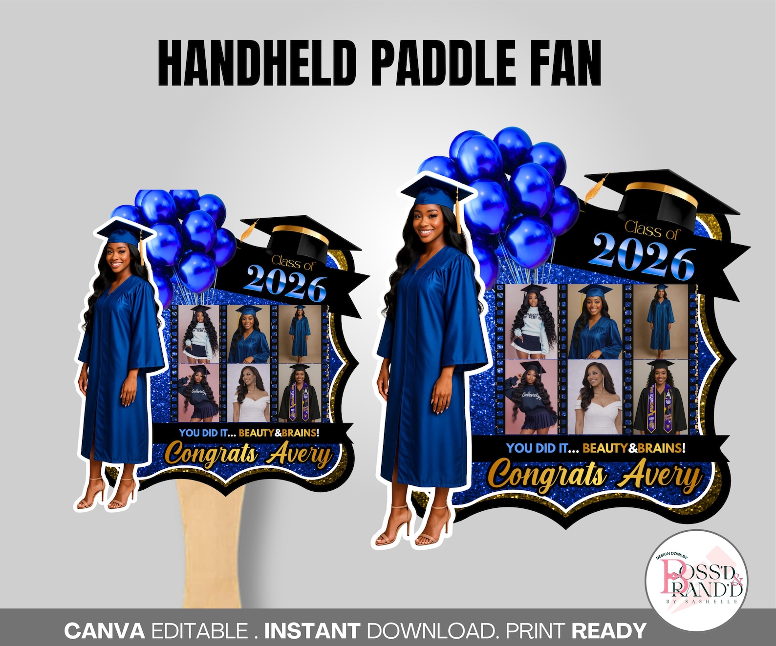 Graduation Fans Template Blue Class of 2026 Grad Fan Canva Template ...