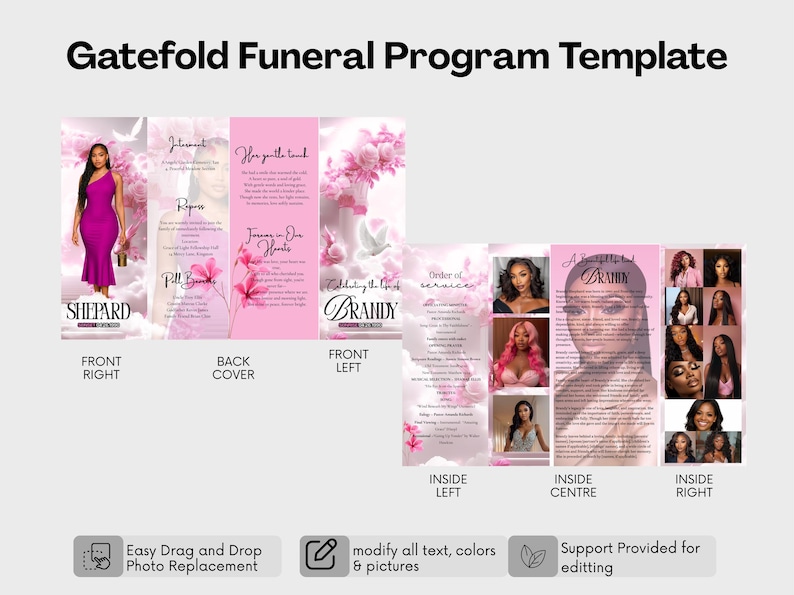 Pink Gatefold Funeral Program Template | 8.5 X 11 Obituary | Double ...