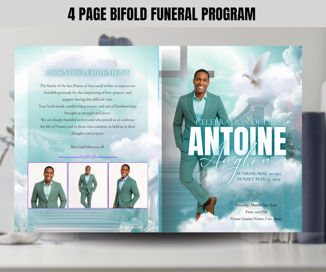 8.5x11 Green Sky Funeral Program Template (4 Pages) | Bifold Green ...