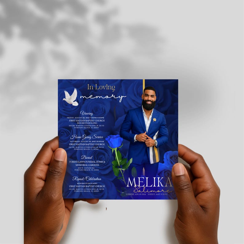 Blue Funeral Invitation Template for Men Memorial Announcement Flyer ...