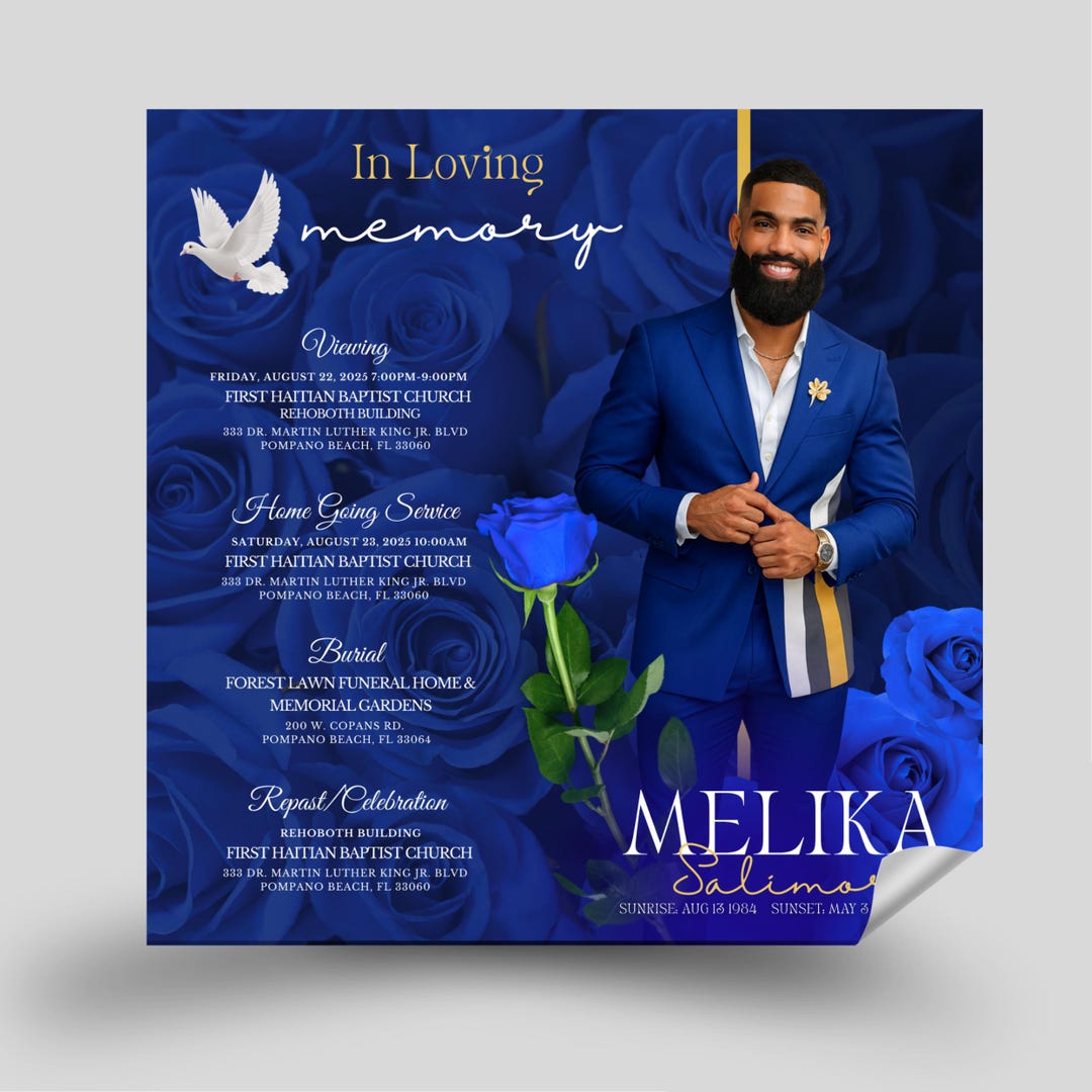 Blue Funeral Invitation Template for Men Memorial Announcement Flyer ...