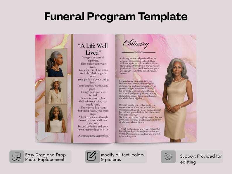 Pink Marble Funeral Program Template (8.5x11 8 Pages) | Pink Funeral ...