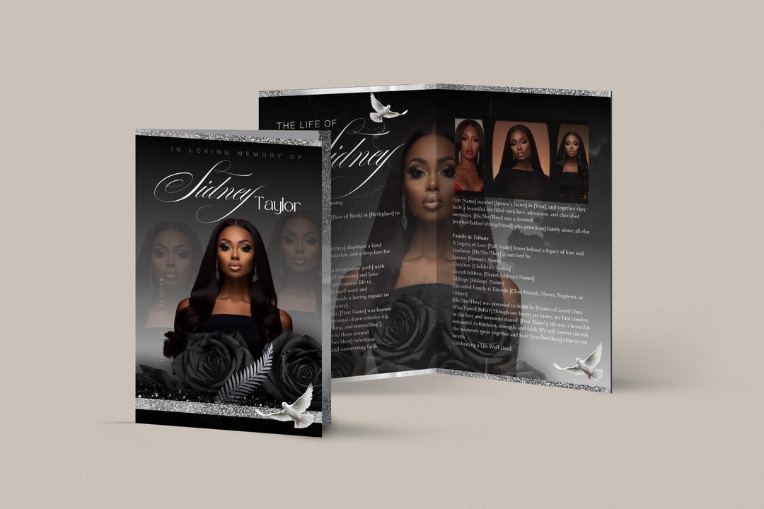 8.5x11 Black and Silver Funeral Program Template for Women (8 Pages ...