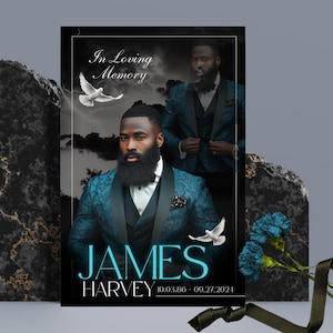 8.5x11 Black and Teal Sky Funeral Program Template for Men (8 Pages ...