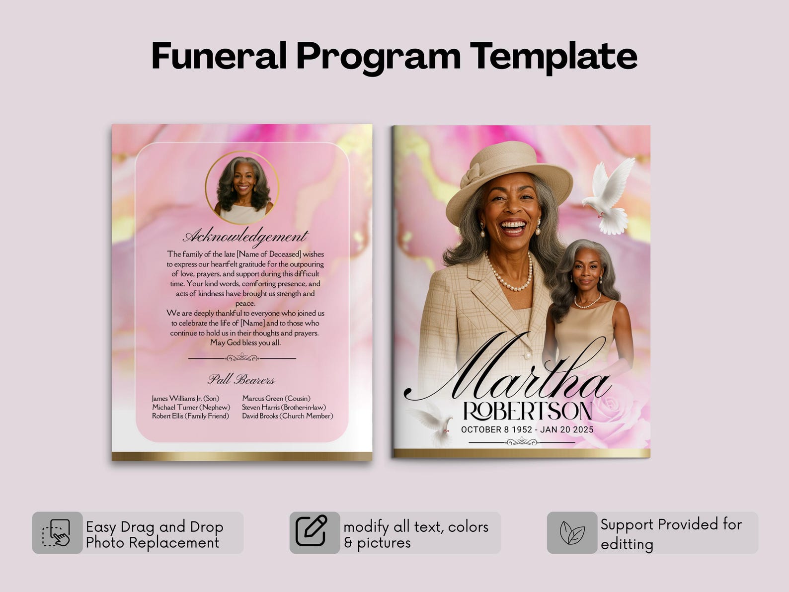 Pink Marble Funeral Program Template (8.5x11 8 Pages) | Pink Funeral ...