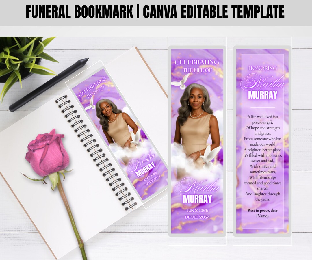 Purple Funeral Bookmark Template (2x7) | Funeral Bookmark Temp| Funeral ...