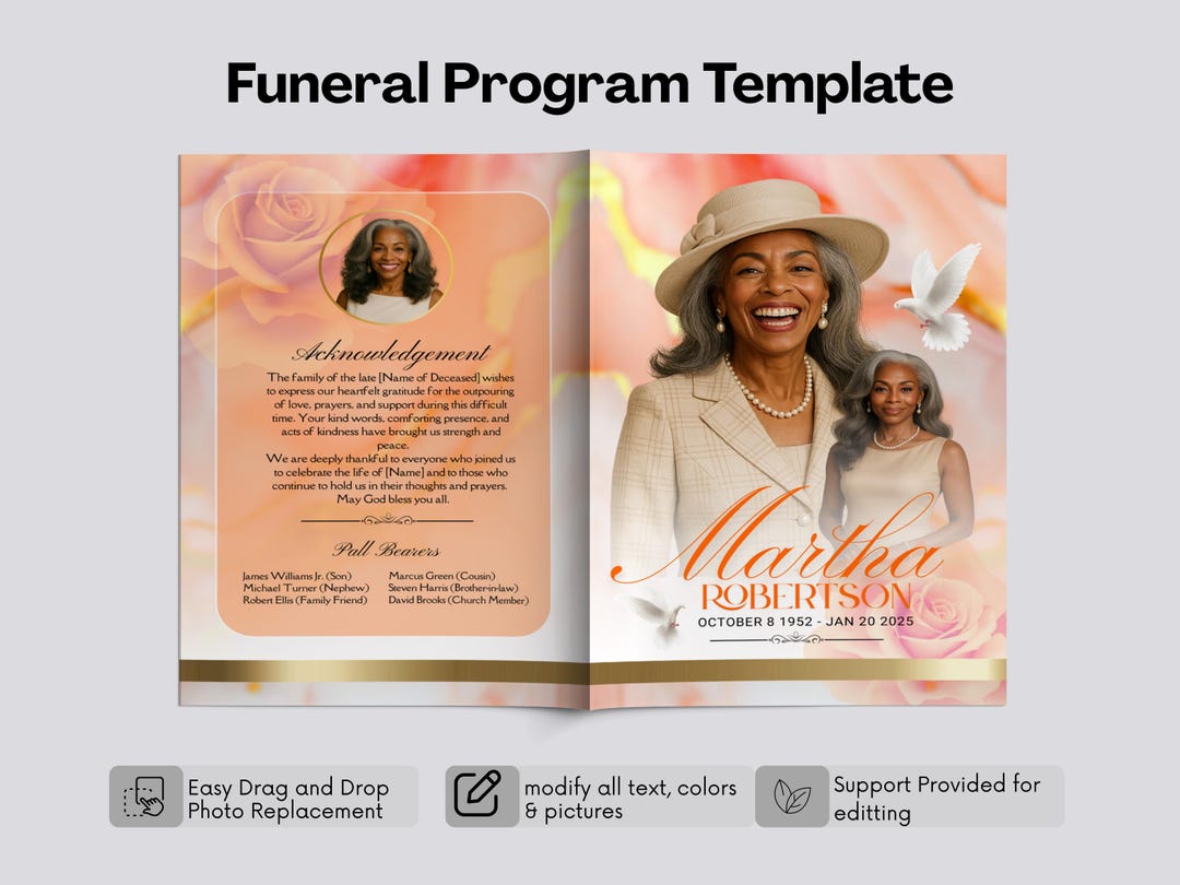 Orange Marble Funeral Program Template (8.5x11 8 Pages) | Peach Funeral ...