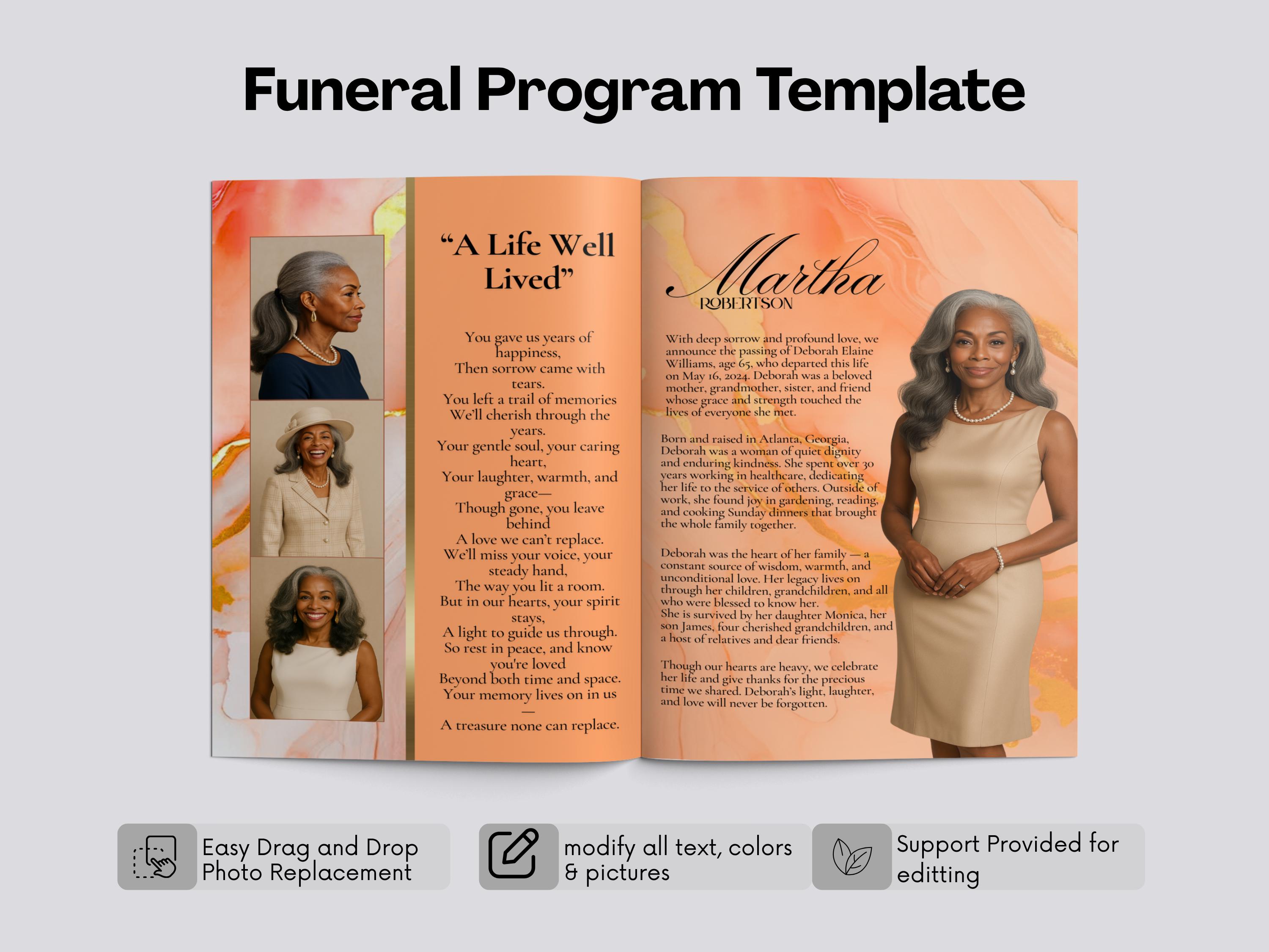 Orange Marble Funeral Program Template (8.5x11 8 Pages) | Peach Funeral ...