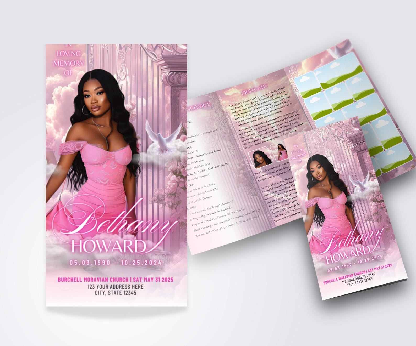17x11 Pink Trifold Funeral Program Template | Trifold Funeral Program ...
