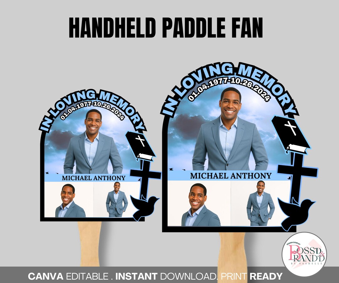 Blue Custom Funeral Fan Template| Funeral Fan Canva| Custom Funeral Fan ...