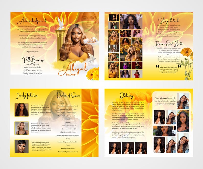 17x11 Yellow Funeral Program Template| Yellow Tabloid Bifold Program ...