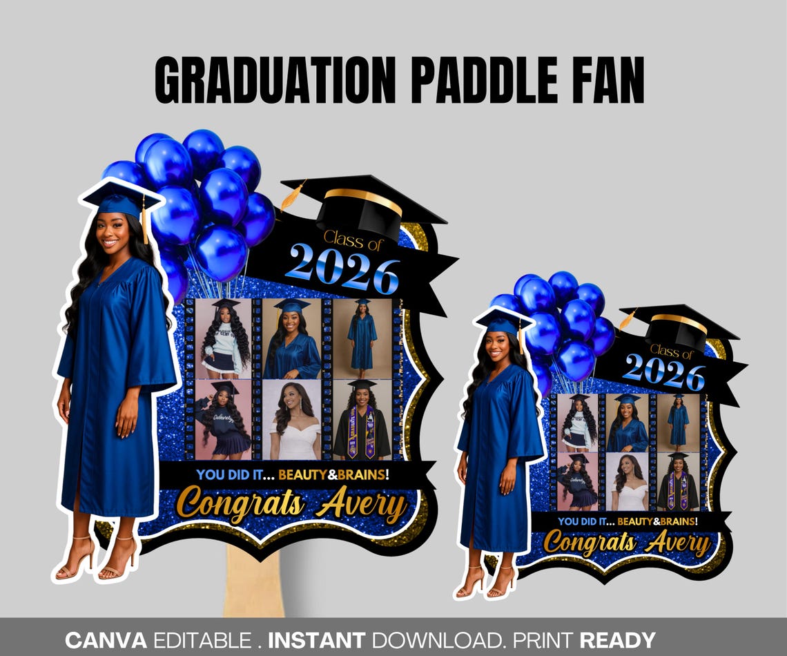 Graduation Fans Template Blue Class of 2026 Grad Fan Canva Template ...