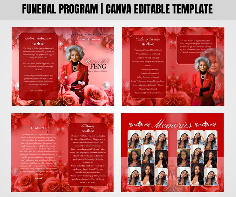 8.5x11 Red Floral Funeral Program Template (8 Pages) | Bifold Funeral ...