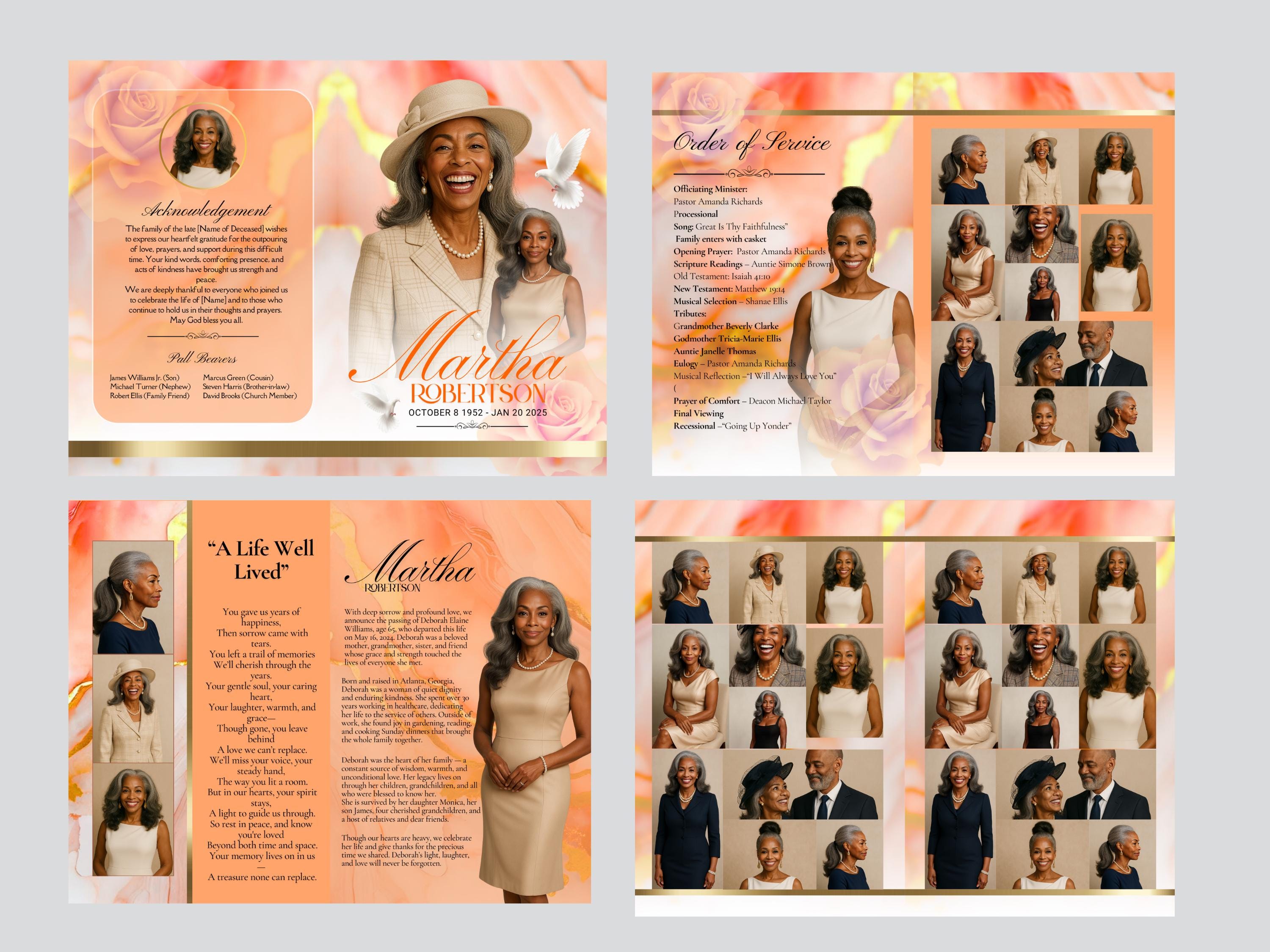 Orange Marble Funeral Program Template (8.5x11 8 Pages) | Peach Funeral ...
