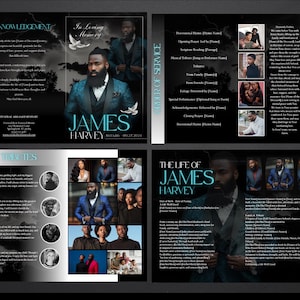 8.5x11 Black and Teal Sky Funeral Program Template for Men (8 Pages ...