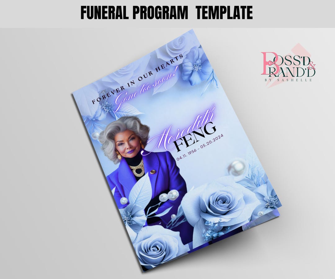 8.5x11 Blue Floral Funeral Program Template (8 Pages) | Bifold Funeral ...
