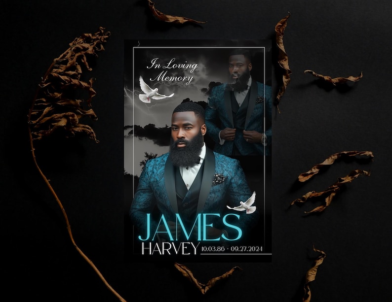 8.5x11 Black and Teal Sky Funeral Program Template for Men (8 Pages ...