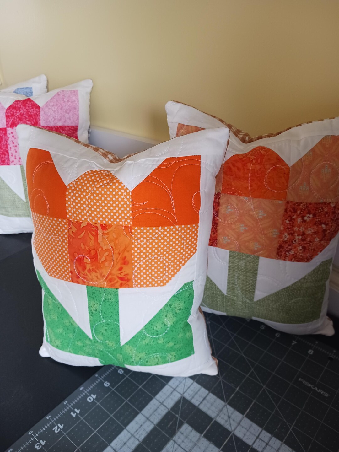 Set of Two Hand Pieced Orange Peach Tulips Custom Quilted Decorative Accent Pillows for Spring ...
