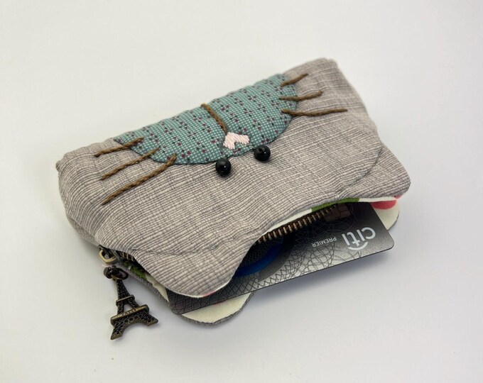 Cute Cat Coin Wallet: Handmade Patchwork, Quilted, and Embroidered Cat ...