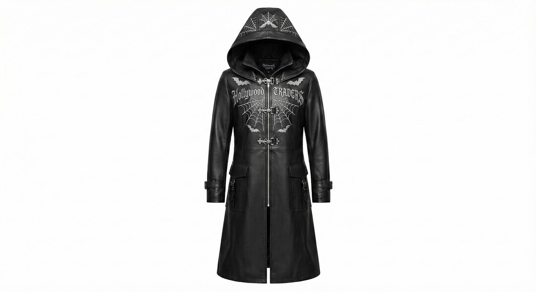 Gothic Hooded Faux Leather Trench Coat | Spider Web Embroidery - Etsy
