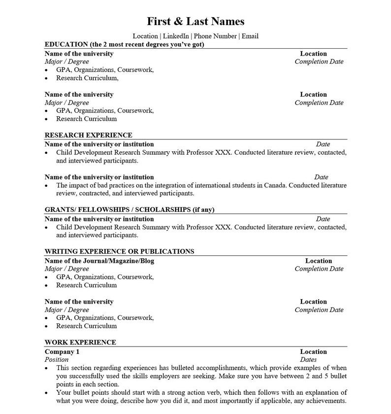 Your Academic CV Template Curriculum Vitae Resume for Graduate School ...