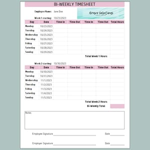 Biweekly Employee Timesheet | Editable Time Sheet Template | Personal ...