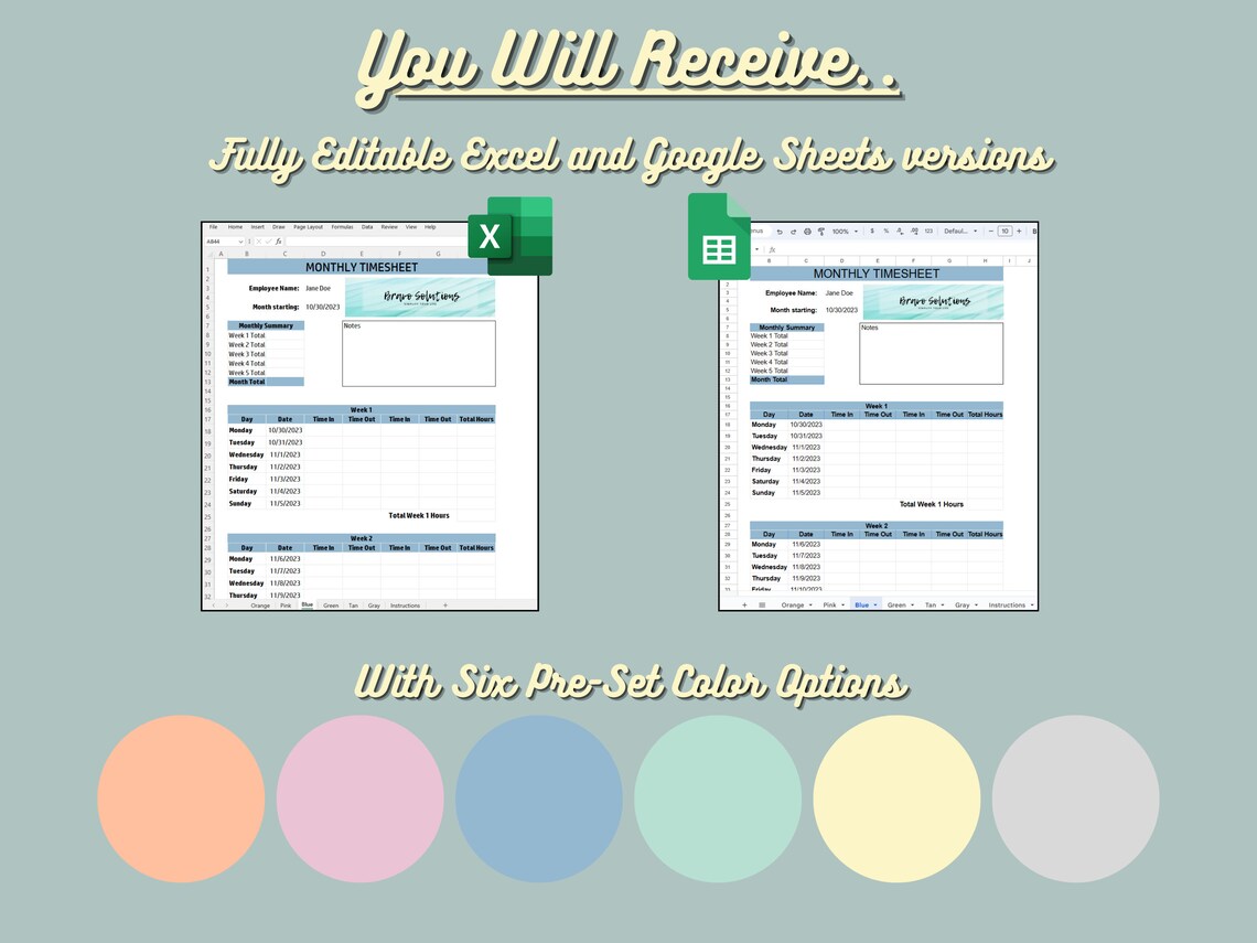 Monthly Employee Timesheet | Editable Time Sheet Template | Personal ...