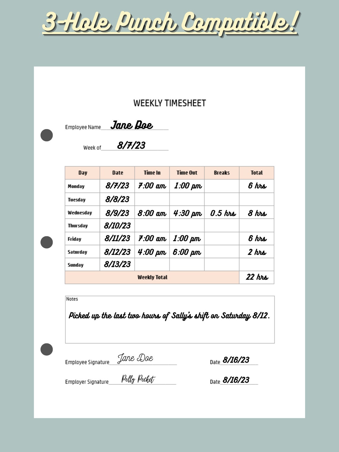 Printable Employee Time Sheet | Weekly Time Tracker Template | Blue ...
