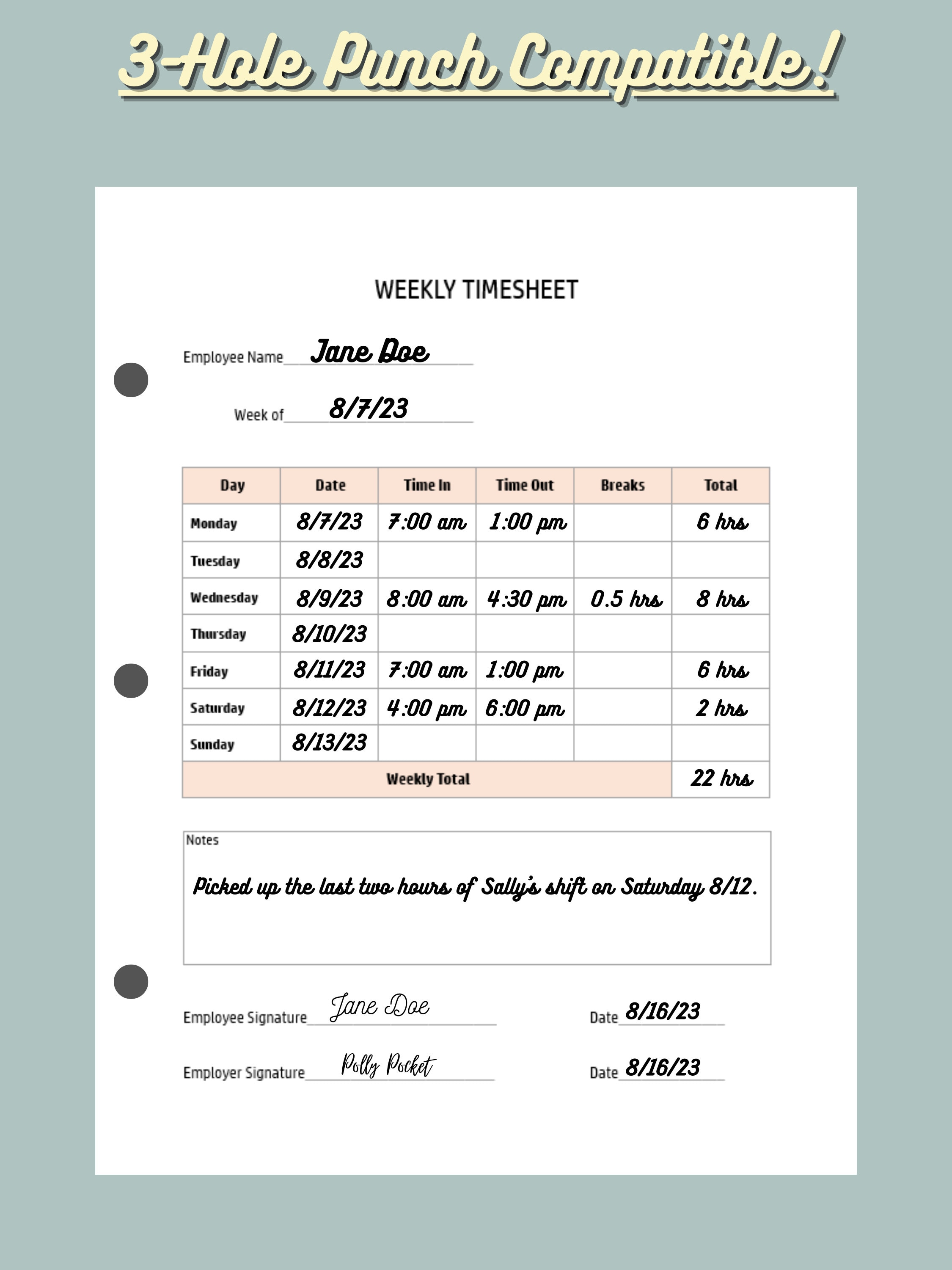Printable Employee Time Sheet | Weekly Time Tracker Template | Blue ...