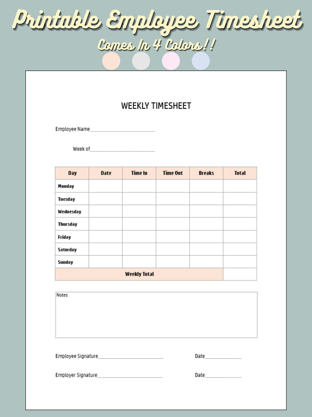 Printable Employee Time Sheet | Weekly Time Tracker Template | Blue ...