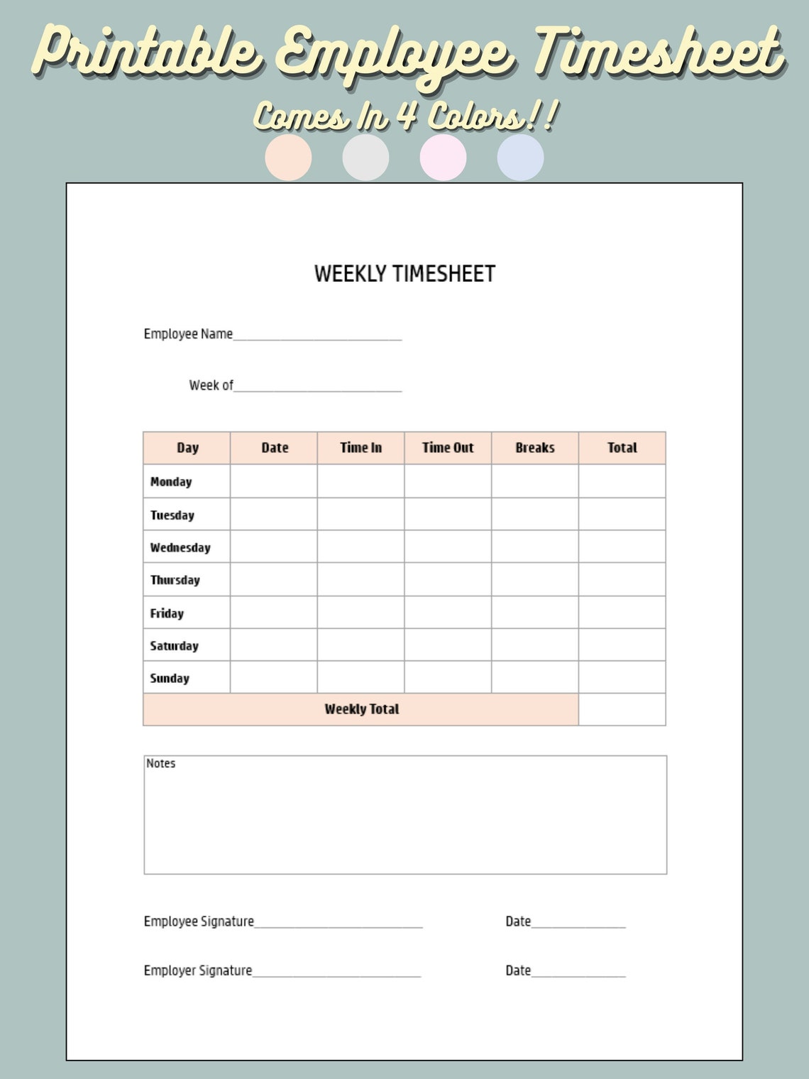 Printable Employee Time Sheet | Weekly Time Tracker Template | Blue ...