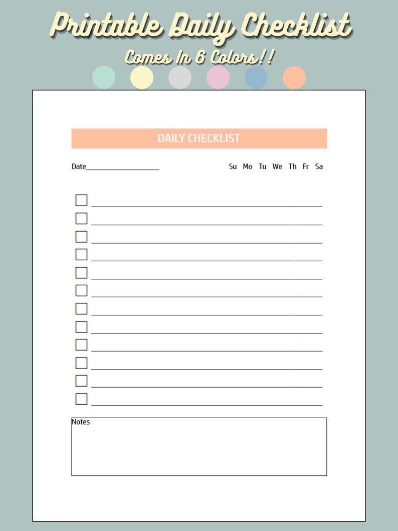 Printable Daily Checklist Chores Template Blue Gray Orange Pink Tan ...